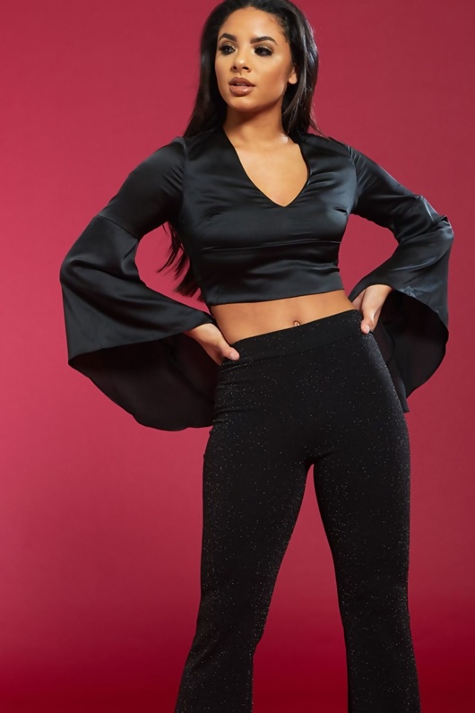 Black Satin Flared Crop Top | justyouroutfit