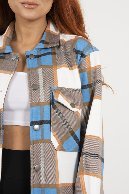 Blue Contrast Checked Longline Shacket | justyouroutfit